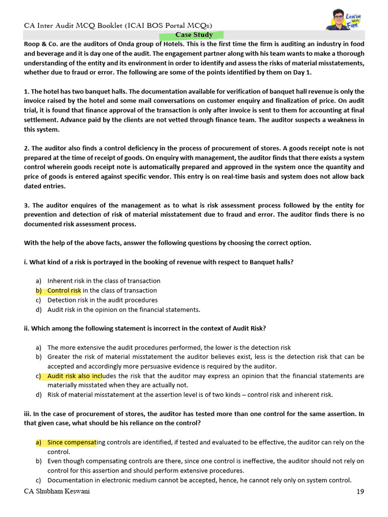 Inter Audit MCQs - SK Casestudies Compiler | PDF | Audit | Internal Control