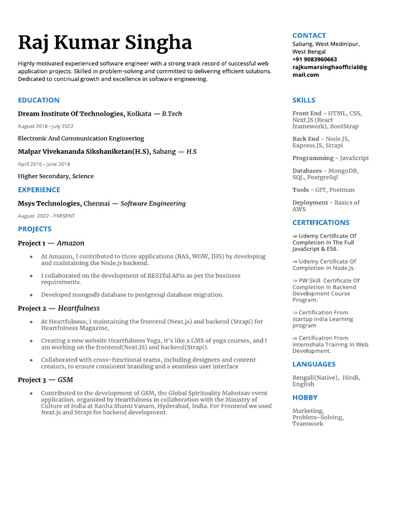 Resume Rajkumar Singh A | PDF