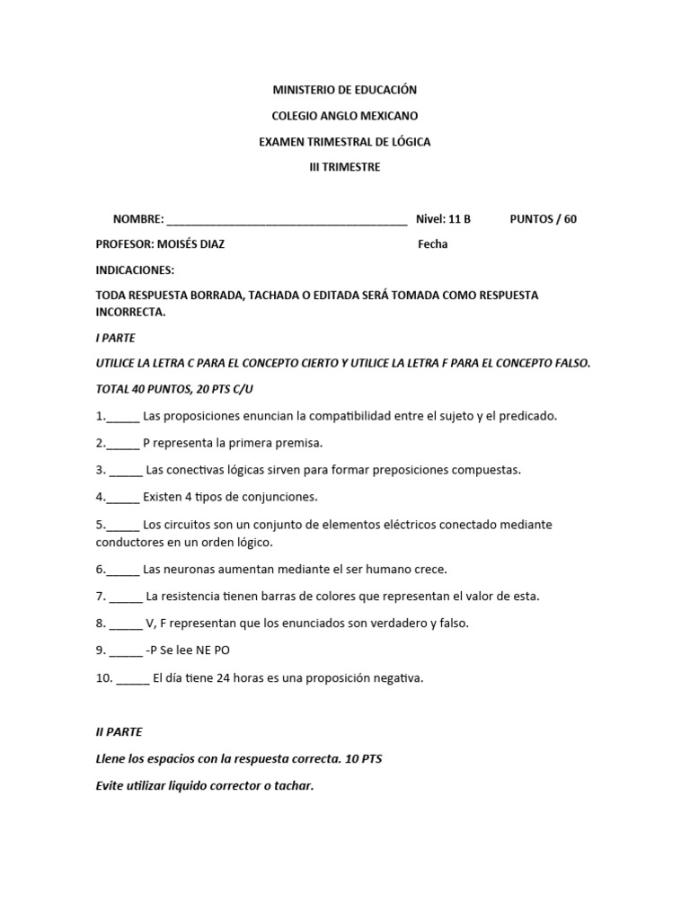 11 Logica Examen 3T | PDF | Resistencia Eléctrica y Conductancia | Electricidad