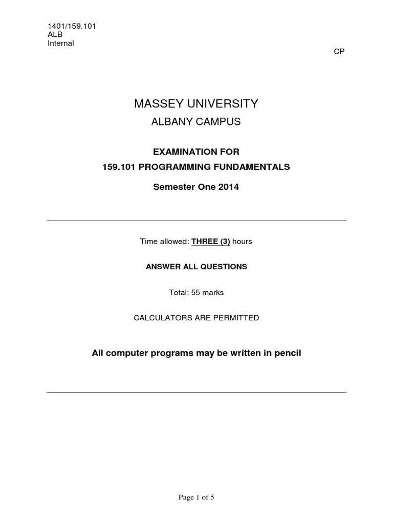 159.101 Computer Science Fundamentals - Massey - Exam - S1 2014 ... 159.101 Computer Science Fundamentals - Massey - Exam - S1 2014 ...