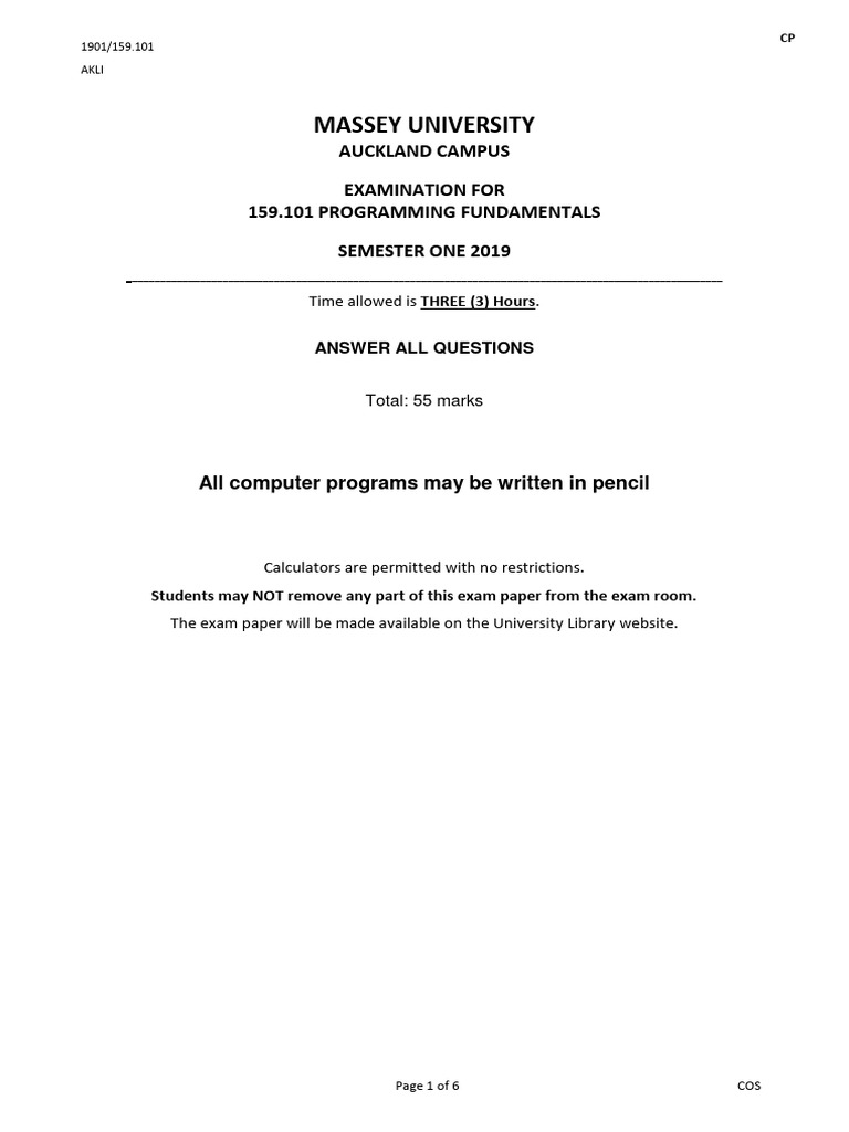 159.101 Computer Science Fundamentals - Massey - Exam - S1 2019 | PDF ...