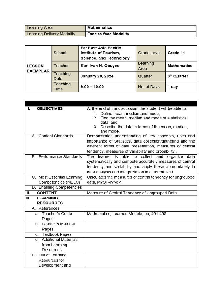 Lesson Plan | PDF | Mode (Statistics) | Mean