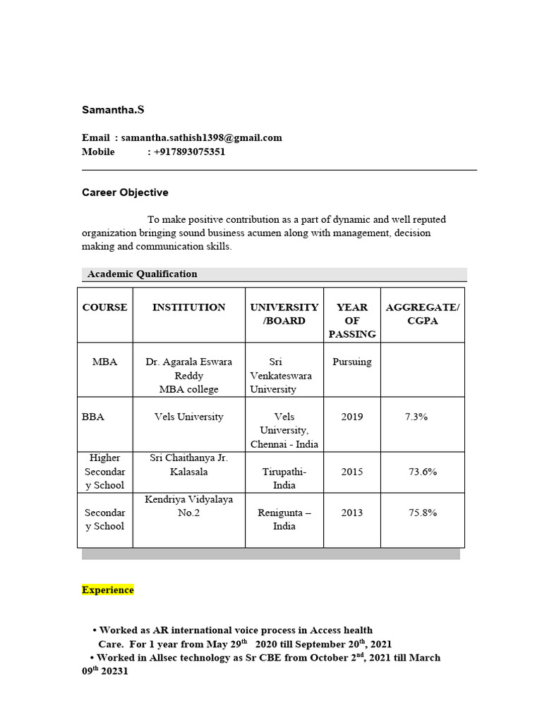 Samantha Resume 2023 | PDF