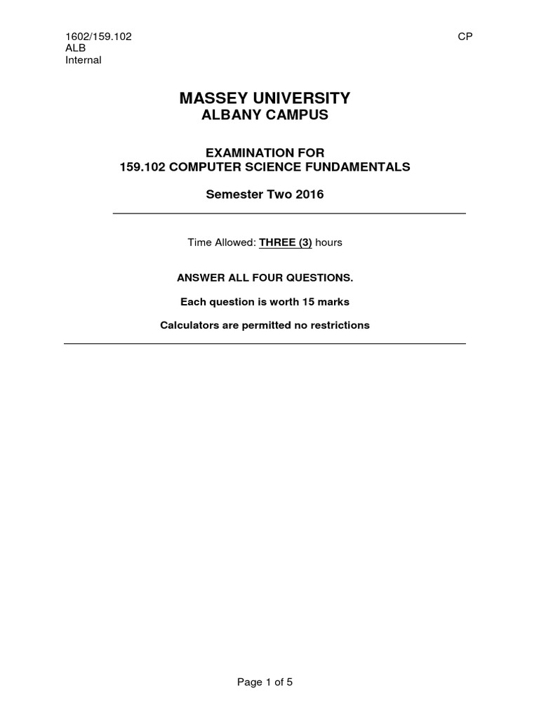 159.102 Computer Science Fundamentals - Massey - Exam - S2 2016 | PDF ... 159.102 Computer Science Fundamentals - Massey - Exam - S2 2016 | PDF ...