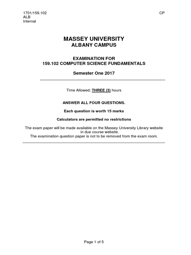 159.102 Computer Science Fundamentals - Massey - Exam - S1 2017 | PDF ... 159.102 Computer Science Fundamentals - Massey - Exam - S1 2017 | PDF ...