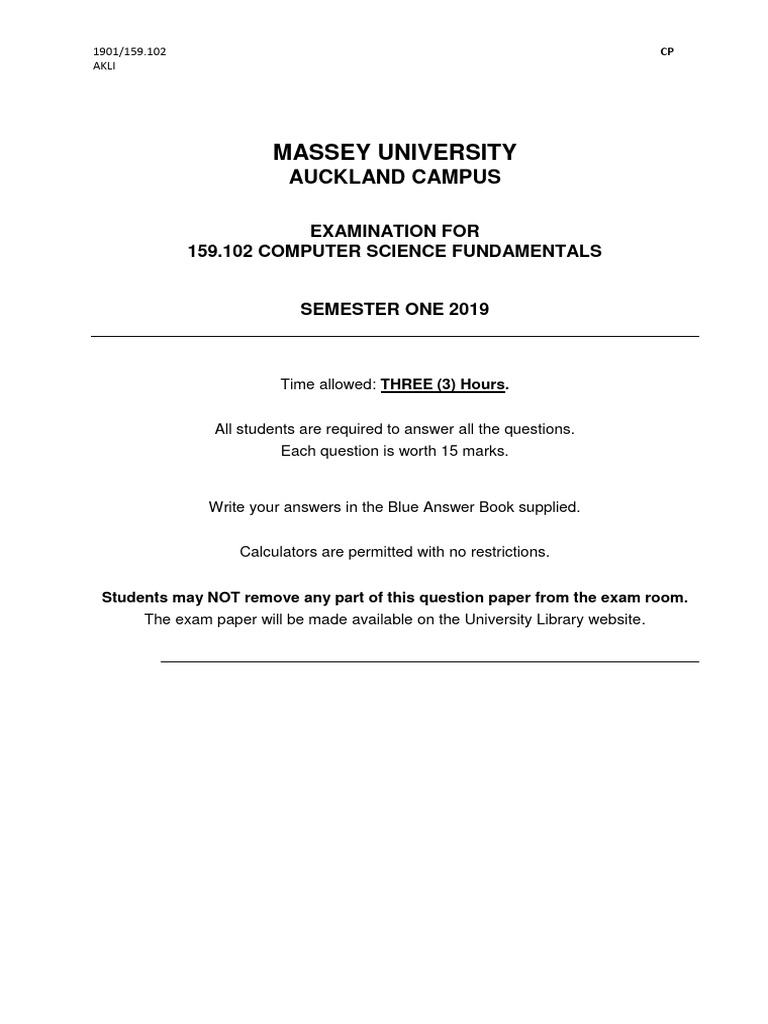 159.102 Computer Science Fundamentals - Massey - Exam - S1 2019 | PDF ...