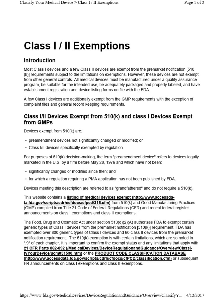 Class I/II Device Exemptions Overview | PDF | Federal Food | Medical Device