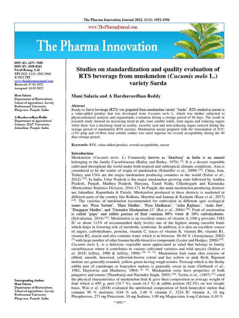 Studies On Standardization and Quality Evaluation of RTS Beverage From ...