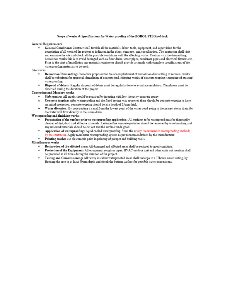 Waterproofing Scope for Bohol PTB Roof | PDF | Concrete | Water