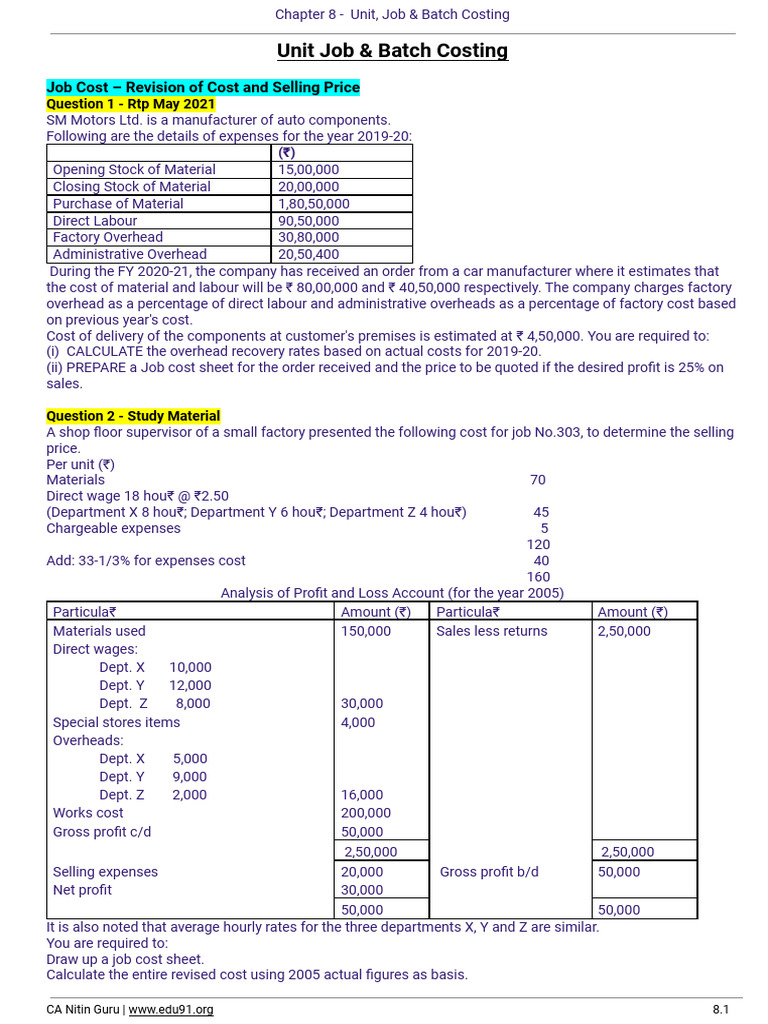 08 Unit, Job & Batch Costing | PDF | Cost | Production And Manufacturing