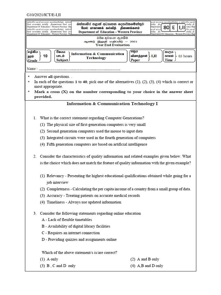 Grade 10 ICT Test Paper Overview | PDF | Computer Data Storage ...