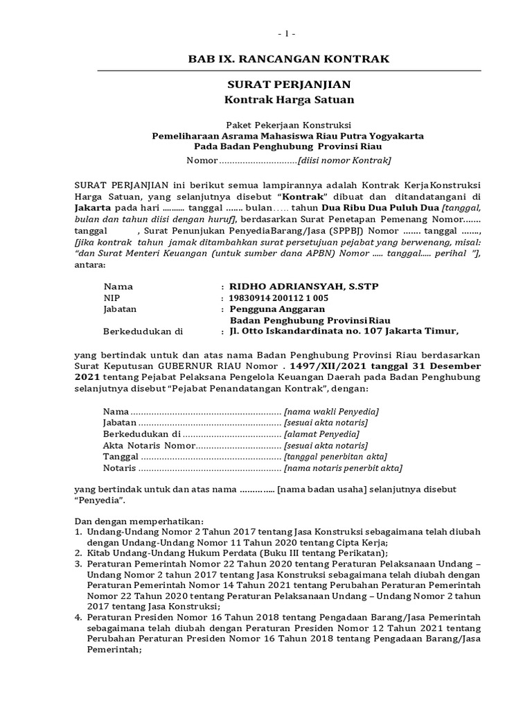 RANCANGAN KONTRAK SSUK Dan SSKK Rev ASPURA | PDF | Teknologi & Rekayasa