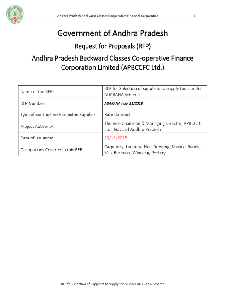 RFP for ADARANA Scheme Tool Suppliers | PDF | Request For Proposal ...