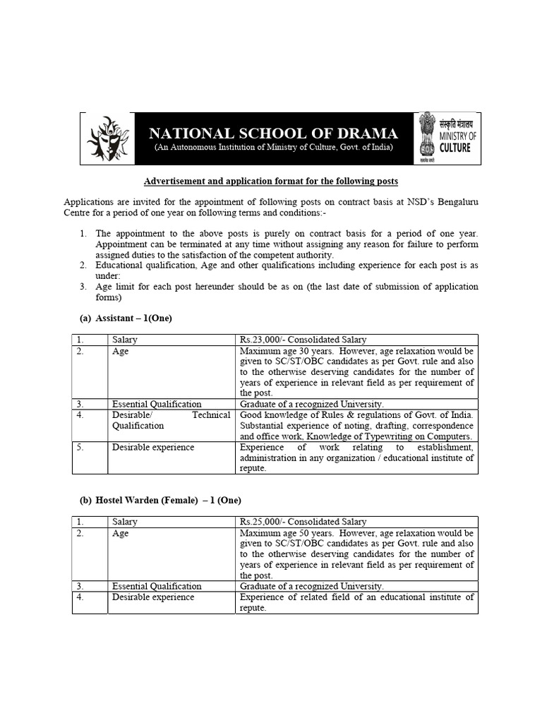 NSD Bengaluru Contract Job Openings | PDF | Recruitment | Employment