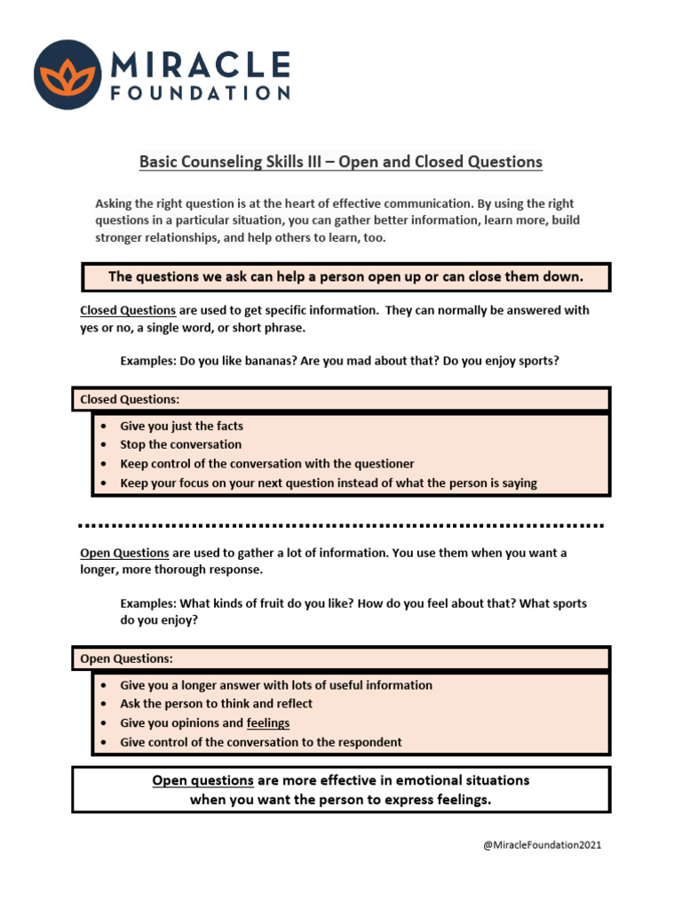 Basic Counseling Skills III Open and Closed Questions | PDF | Question ...