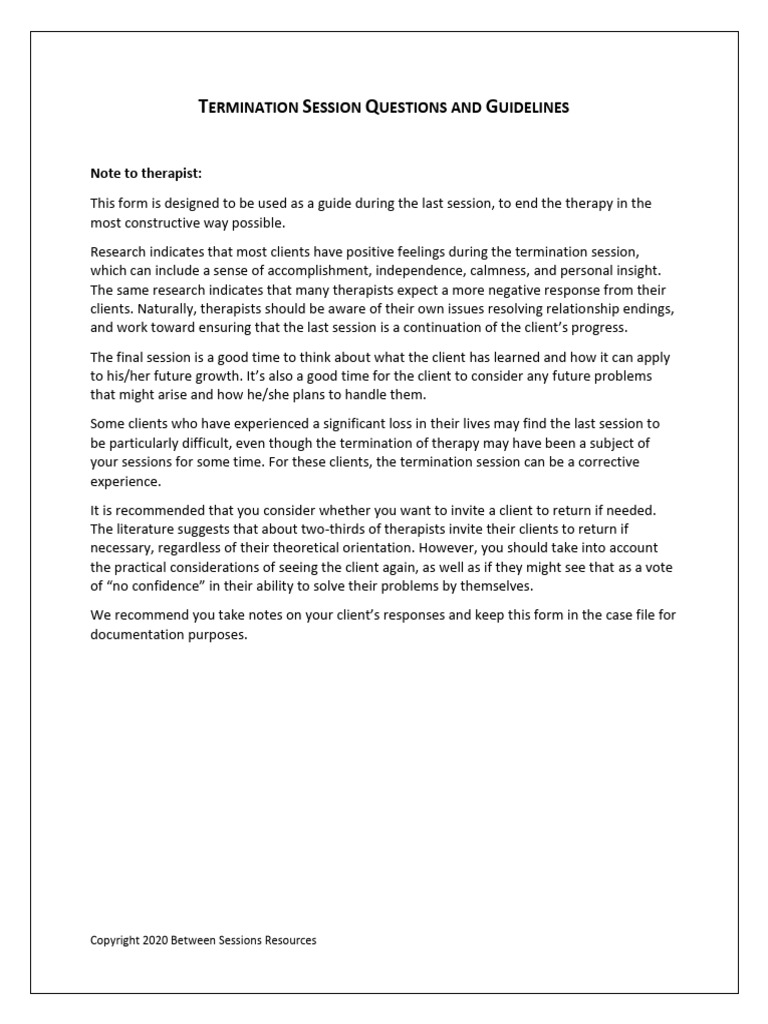 Termination Session Questions and Guidelines | PDF | Psychotherapy ...