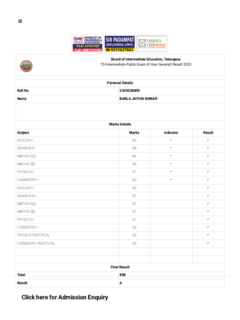 Bie-Telangana - TS Intermediate Public Exam (II Year General) Result ...