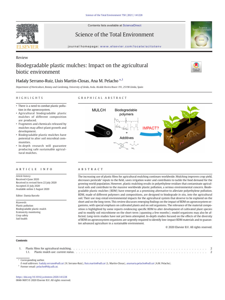 Biodegradable Plastic Mulches: Impact On The Agricultural Biotic Environment | PDF | Plastic | Mulch