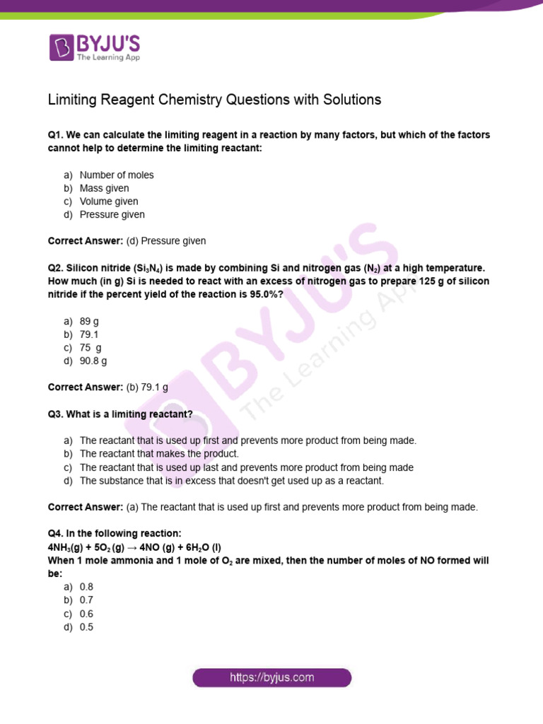 Limiting Reagent Questions | PDF | Stoichiometry | Mole (Unit)