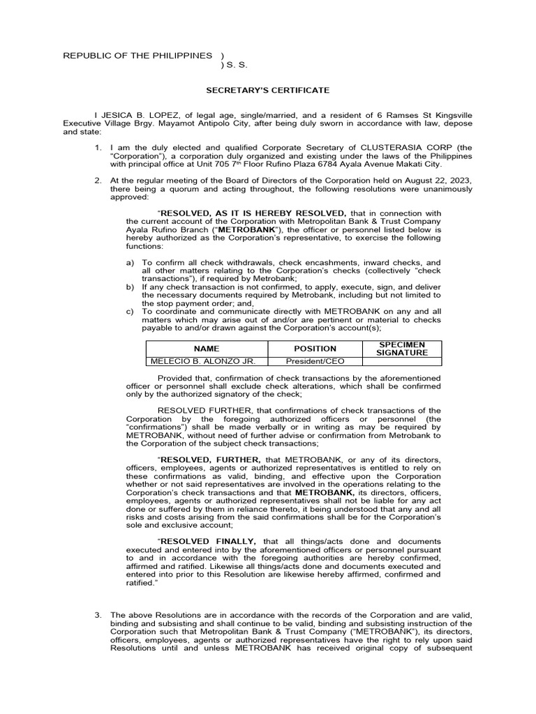 Secretarys Certificate For Check Confirmation | PDF | Government ...