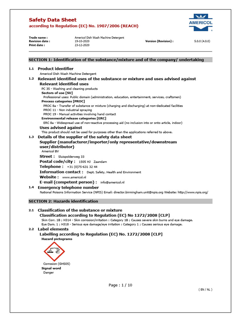 SDS 1424 R882 Americol Dish Wash Machine Detergent EN | PDF