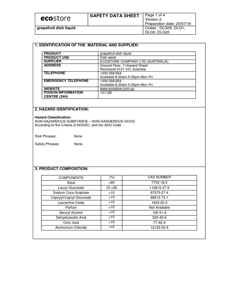 Grapefruit Dish Liquid Safety Data Sheet | PDF | Materials | Workplace