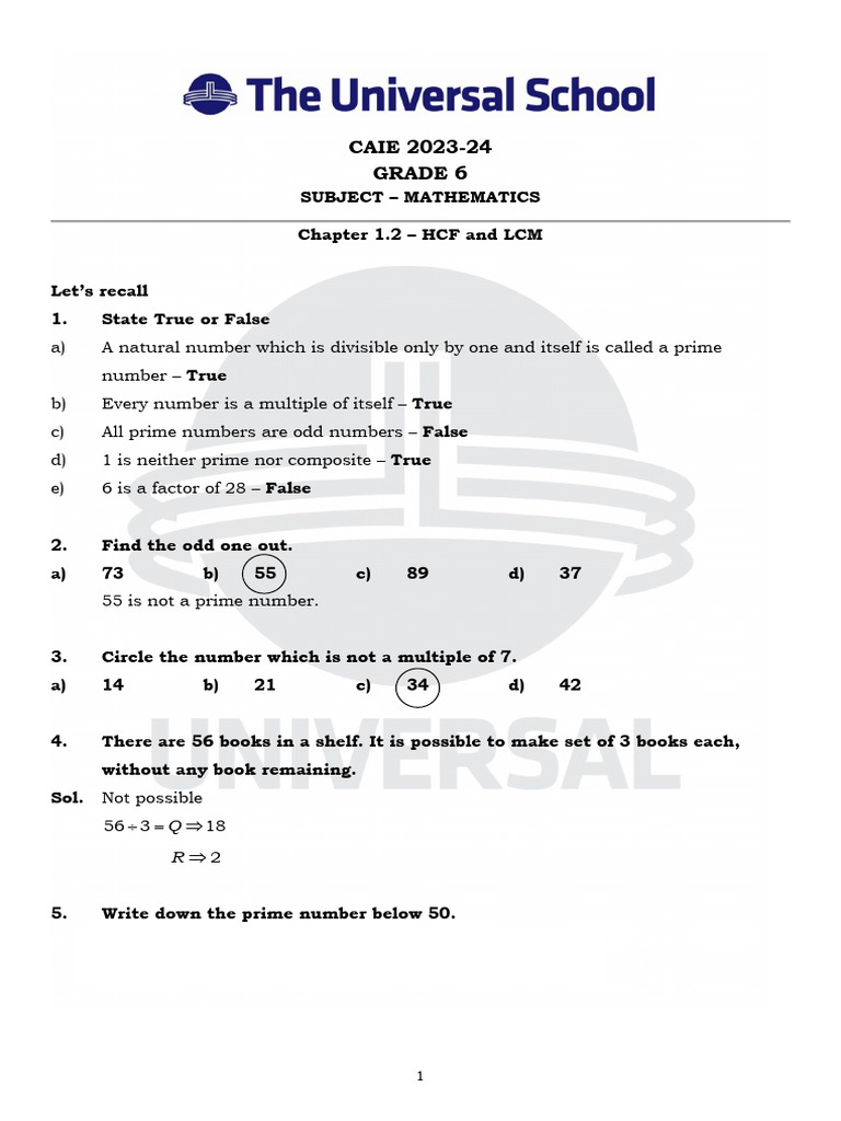 Ch. 1.2 - HCF and LCM - Mathematics - Grade 6 - (2023 - 24) | PDF | Discrete Mathematics ...