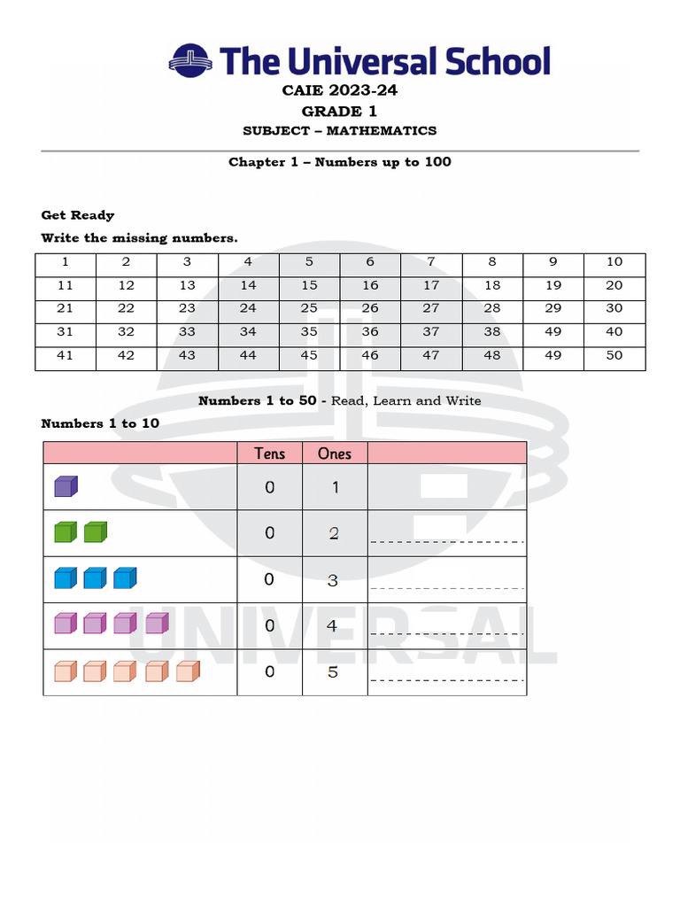 Chapter 1 - Numbers Up To 100 - Mathematics - Grade 1 - CAIE (2023 - 24) | PDF