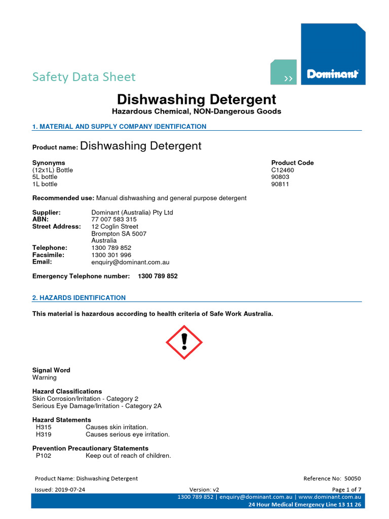 Dishwashing Detergent - Safety Data Sheets | PDF | Toxicity | Personal Protective Equipment