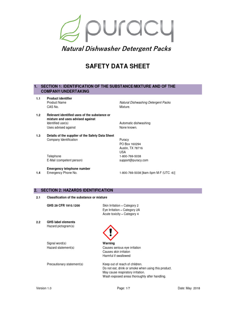 Puracy Natural Dishwasher Detergent Packs SDS | PDF | Toxicity | Safety