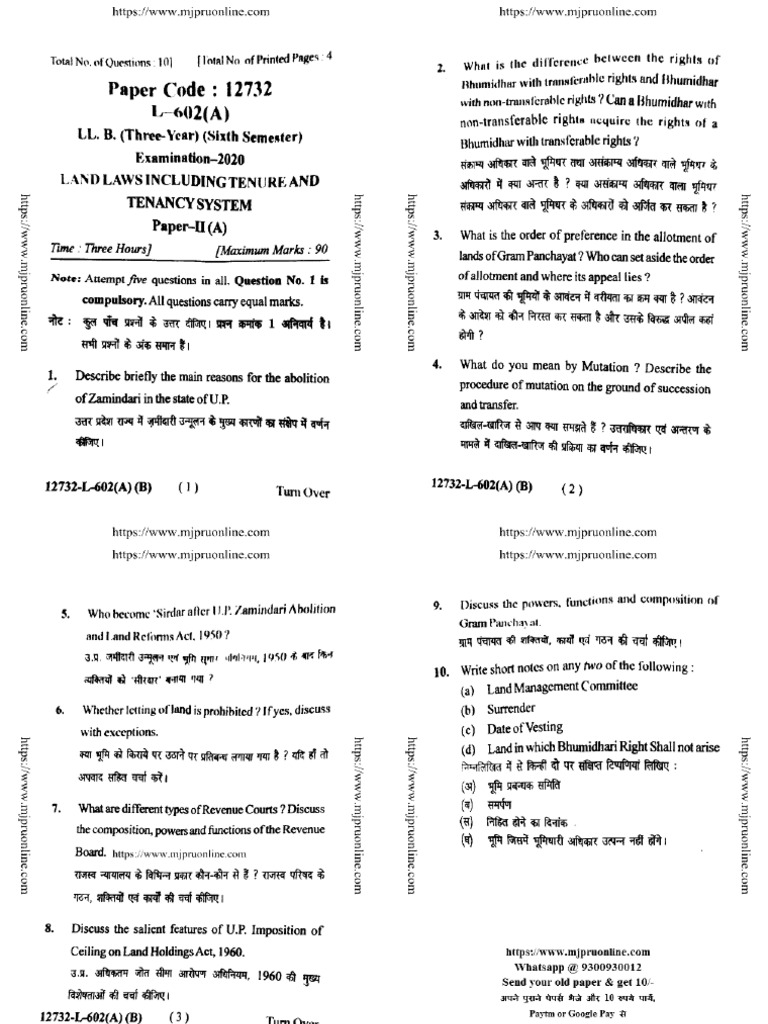 LLB 6 Sem Land Laws Including Tenure and Tenancy System 12732 2020 | PDF