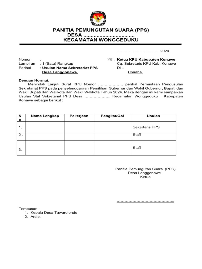 Format Usulan Sek PPS Pilkada 2024 | PDF