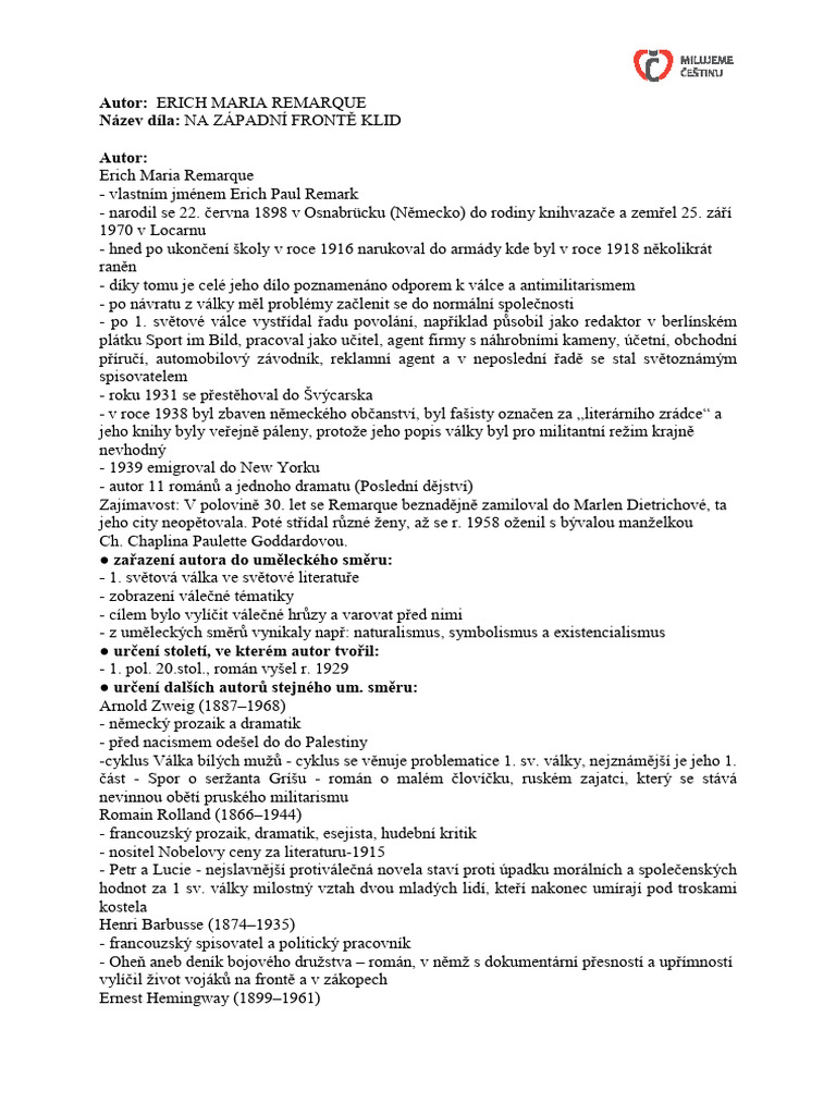 Erich Maria Remarque - Na Zapadni Fronte Klid | PDF