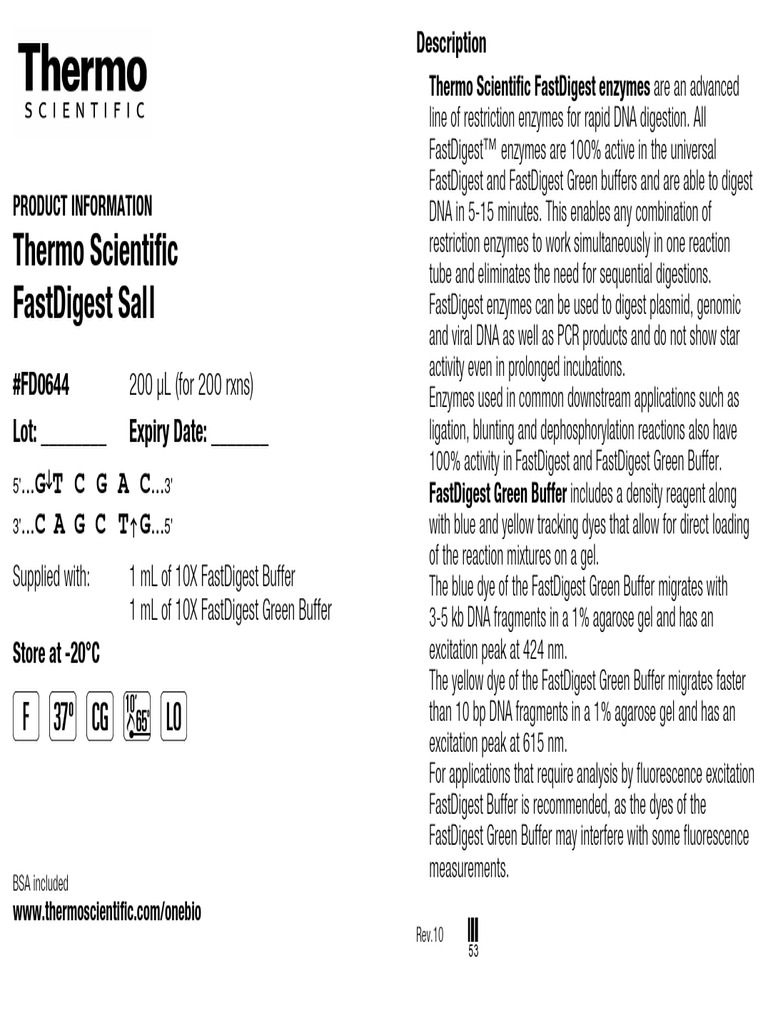 FD0644 - FastDigest SalI - Rev10 | PDF | Polymerase Chain Reaction ...