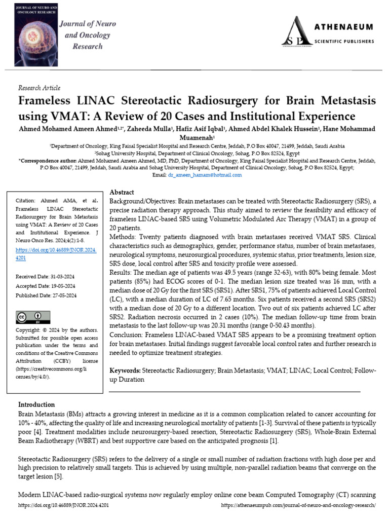 Frameless LINAC Stereotactic Radiosurgery For Brain Metastasis Using VMAT A Review of 20 Cases ...