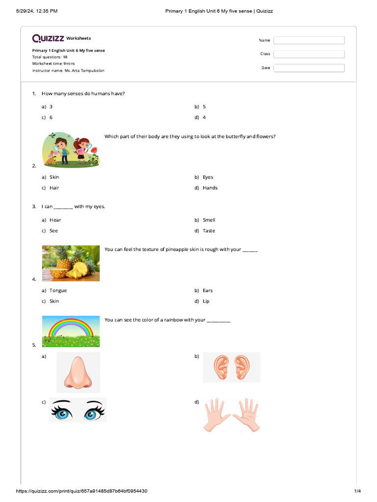 Primary 1 English Unit 6 My Five Sense - Quizizz | PDF | Senses | Taste