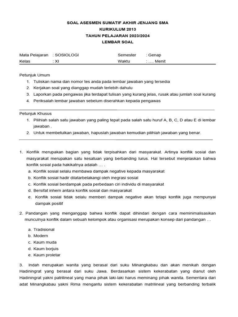 Soal - Sosiologi - ASAS Genap 2024 - Kls XI - K13 | PDF | Ilmu Sosial