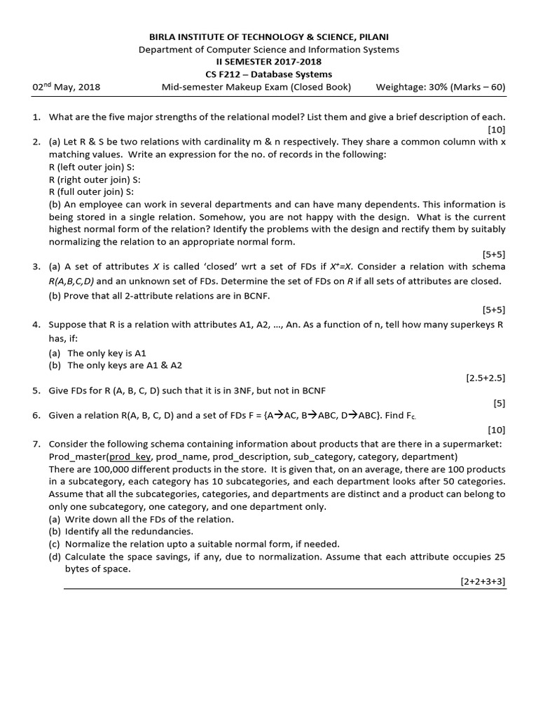 Birla Institute Of Technology And Science Pilani Ii Semester 2017 2018 Cs F212 Database Systems