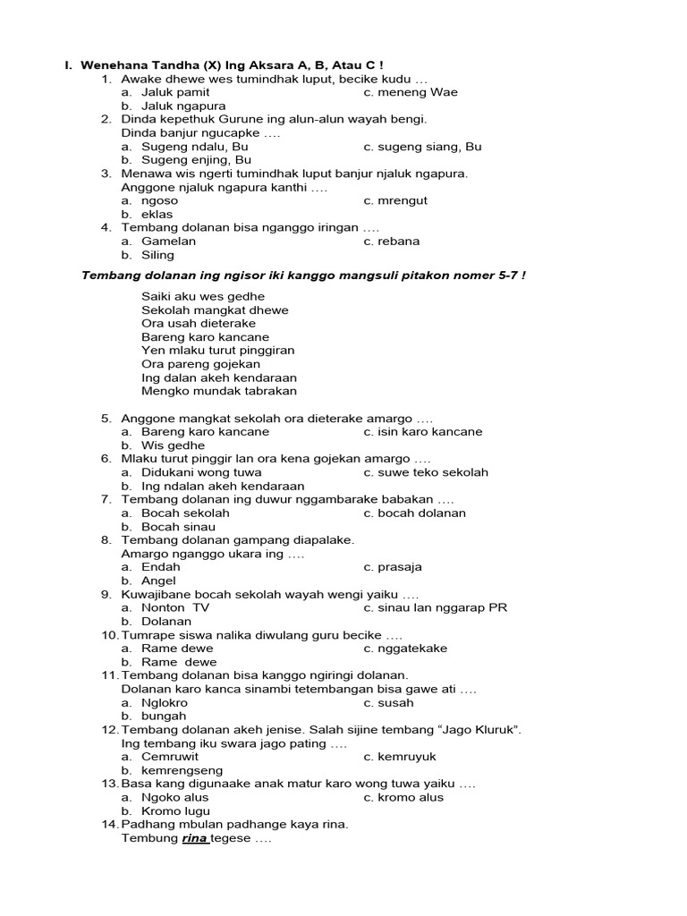 Soal SAS Bhs - Jawa Kls 2 TH Pelajaran 2023.2024 | PDF