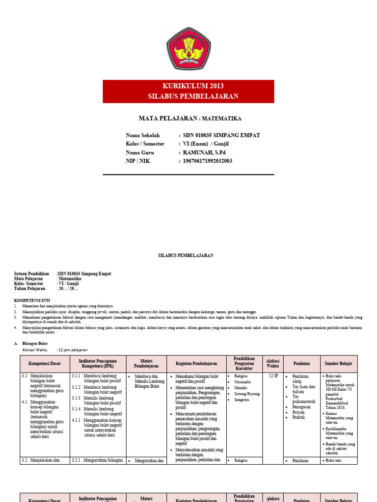 SILABUS MTK Kelas 6 | PDF