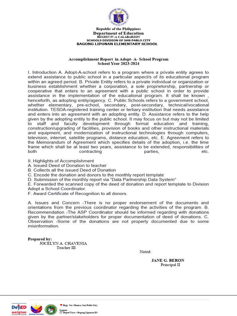 Accomplishment Report Adopt A School Program 23 24 | PDF | Schools