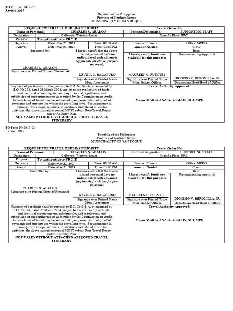 Travel Order | PDF | Per Diem | Government