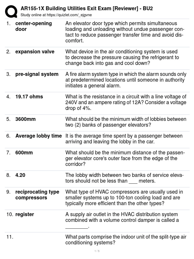 AR155-1X Building Utilities Exit Exam (Reviewer) - BU2 | PDF | Elevator | Electricity