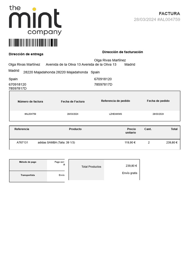Factura Adidas Samba 2 | PDF