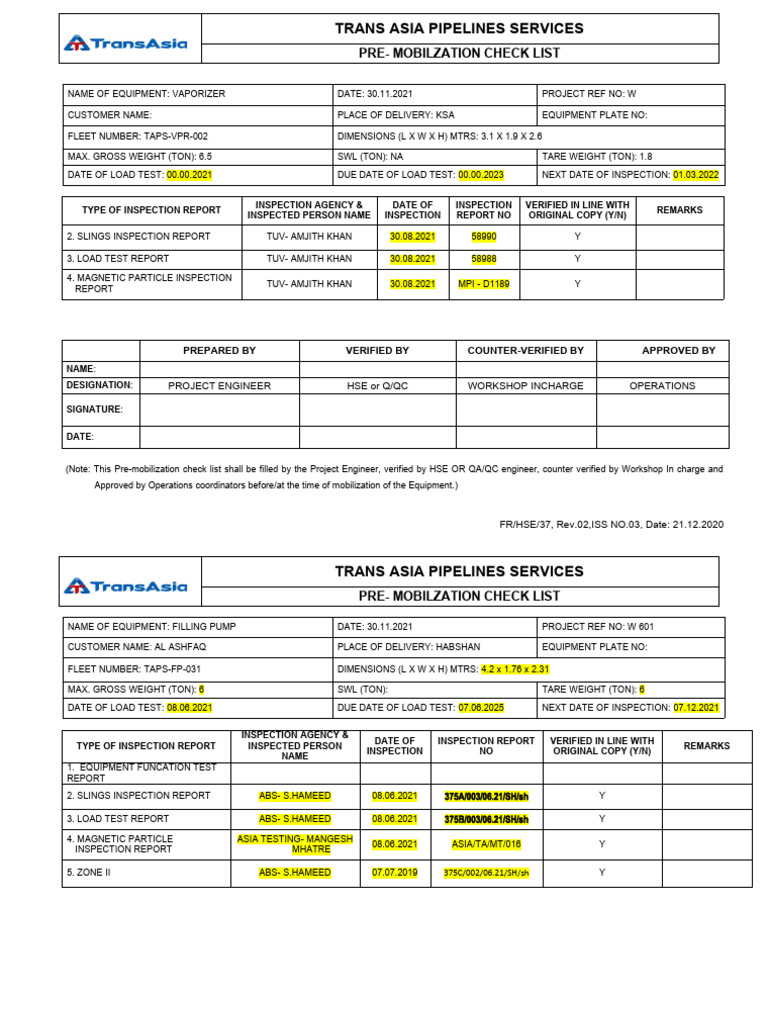 Pre-Mobilzation Checklist W 590 | PDF | Quality