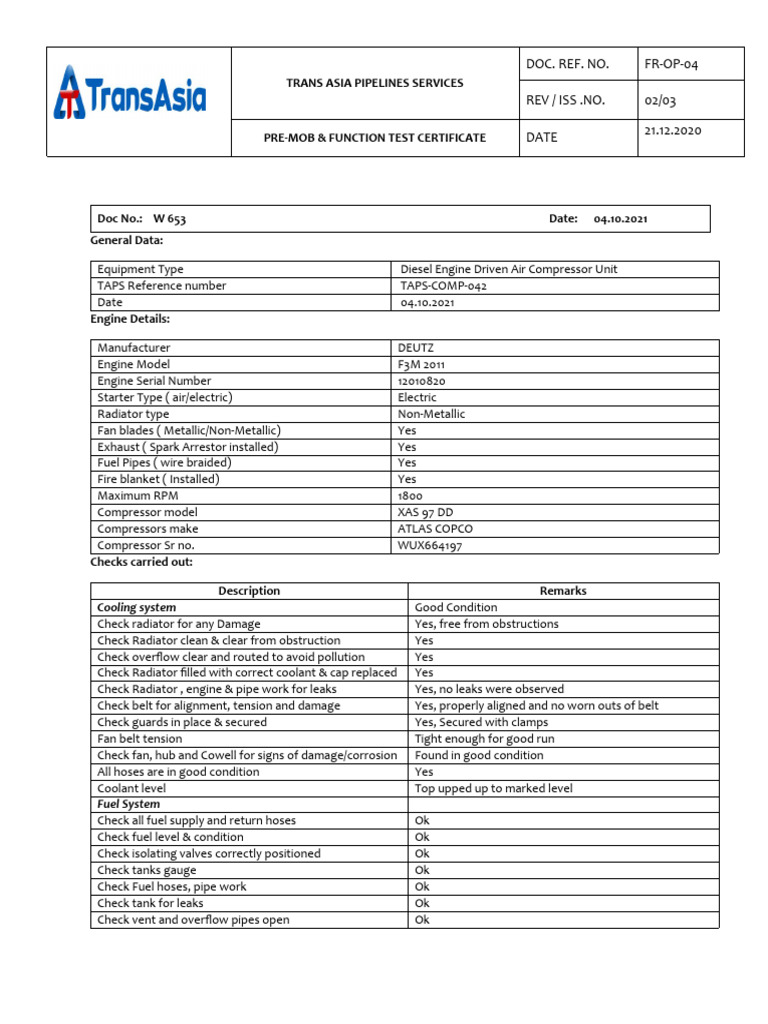 Pre-Mob Function Test Certificate W 590 COMP-034 FP-030 | PDF | Leak ...