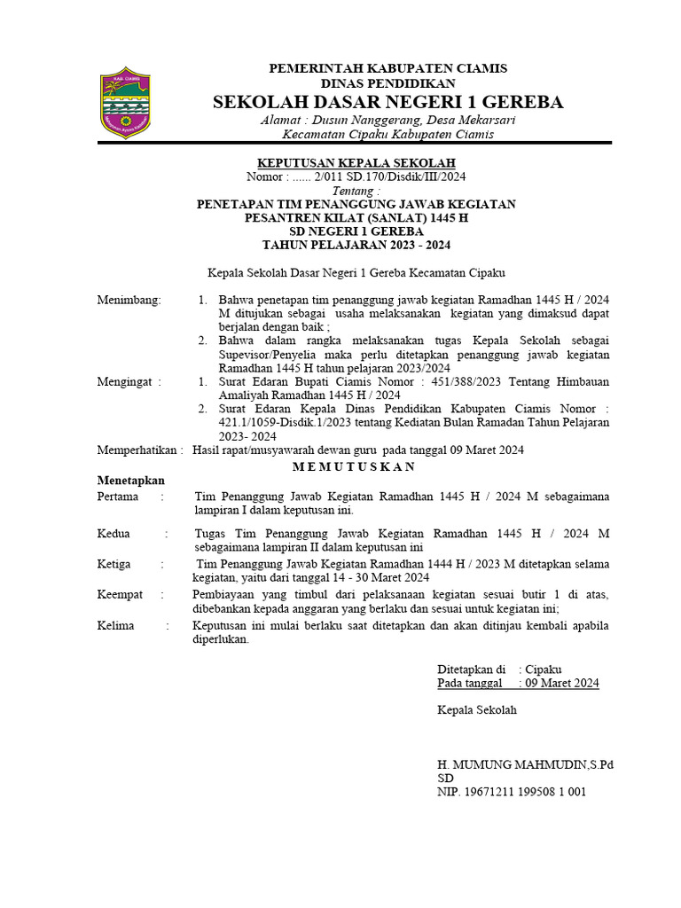 SK Panitia Kegiatan Ramadhan 1445 H | PDF