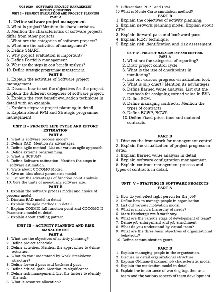 SPM All Unit Coaching Questions | PDF | Project Management | Agile ...