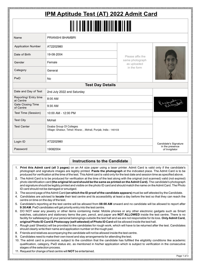 Admit Card 3 | PDF | Identity Document | Common Cold