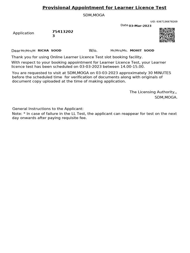 Learner Licence Test Appointment Notice | PDF